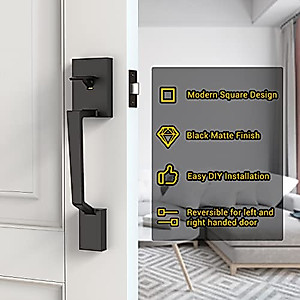 Ohuhu Front Door Handle, Heavy Duty Upgraded Front Door Lock Set Exterior Entry Matte Black Door Handles Single Cylinder Reversible Lever Zinc Alloy Use with Mechanical Electronic Smart Deadbolt Lock