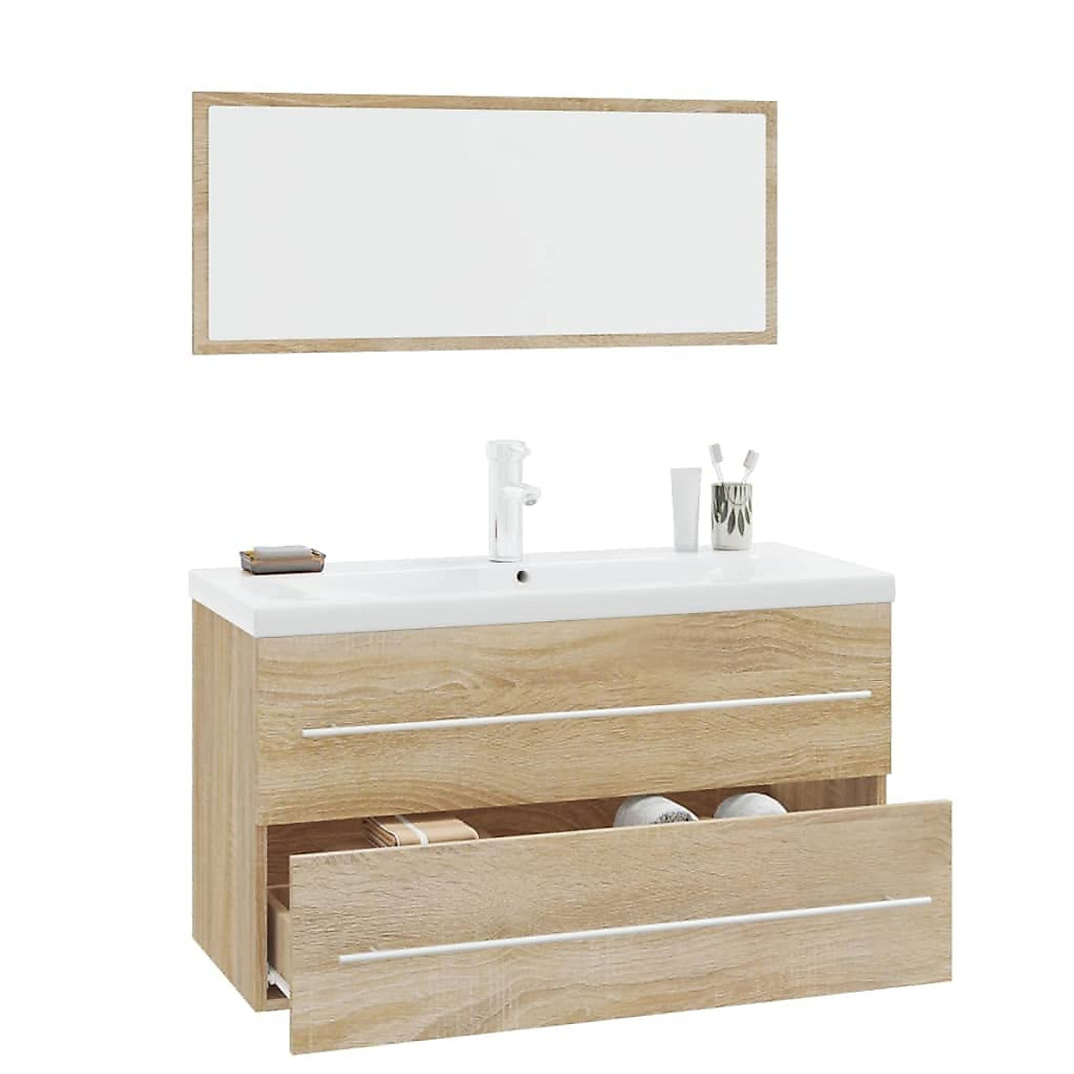vidaXL Bathroom Set 3 Piece, Bath Sink Cabinet Bathroom Vanity Cabinet, Bath Basin Cabinet, Bath Sink Unit with Built-in Basin, Modern, Sonoma Oak