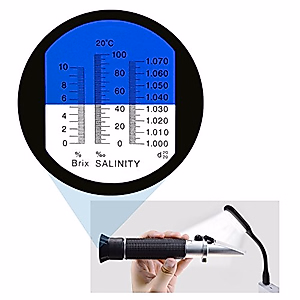 Professional Optics Salinity 0-10% Sea Water Refractometer ATC, Dual Scale (1.0 to 1.070 Density / 0-100ppt) for Salt Sea Water Aquarium Tank Marine Industry with LED Light and pipettes
