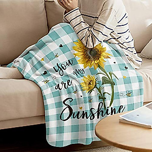 Sunflower Super Soft Cozy Flannel Fleece Blanket- Farmhouse Sunflower and Bees Teal Plaid Lightweight Comfy Throw Blanket for Bed/Couch/Sofa/Camping 40 x 60 Inche