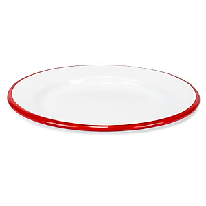 Red Co. Set of 4 Enamelware Metal Classic 8" Round Salad Plate, Solid White/Red Rim