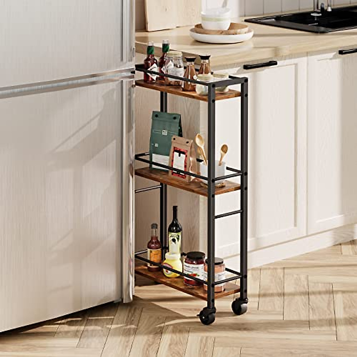 MAHANCRIS 3-Tier Slim Rolling Cart, Narrow Kitchen Cart on Wheels, Practical Storage Rolling Cart, Wooden Kitchen Storage Rack, for Tight Spaces in Dining Room, Bathroom, Rustic Brown RCHR1501Z