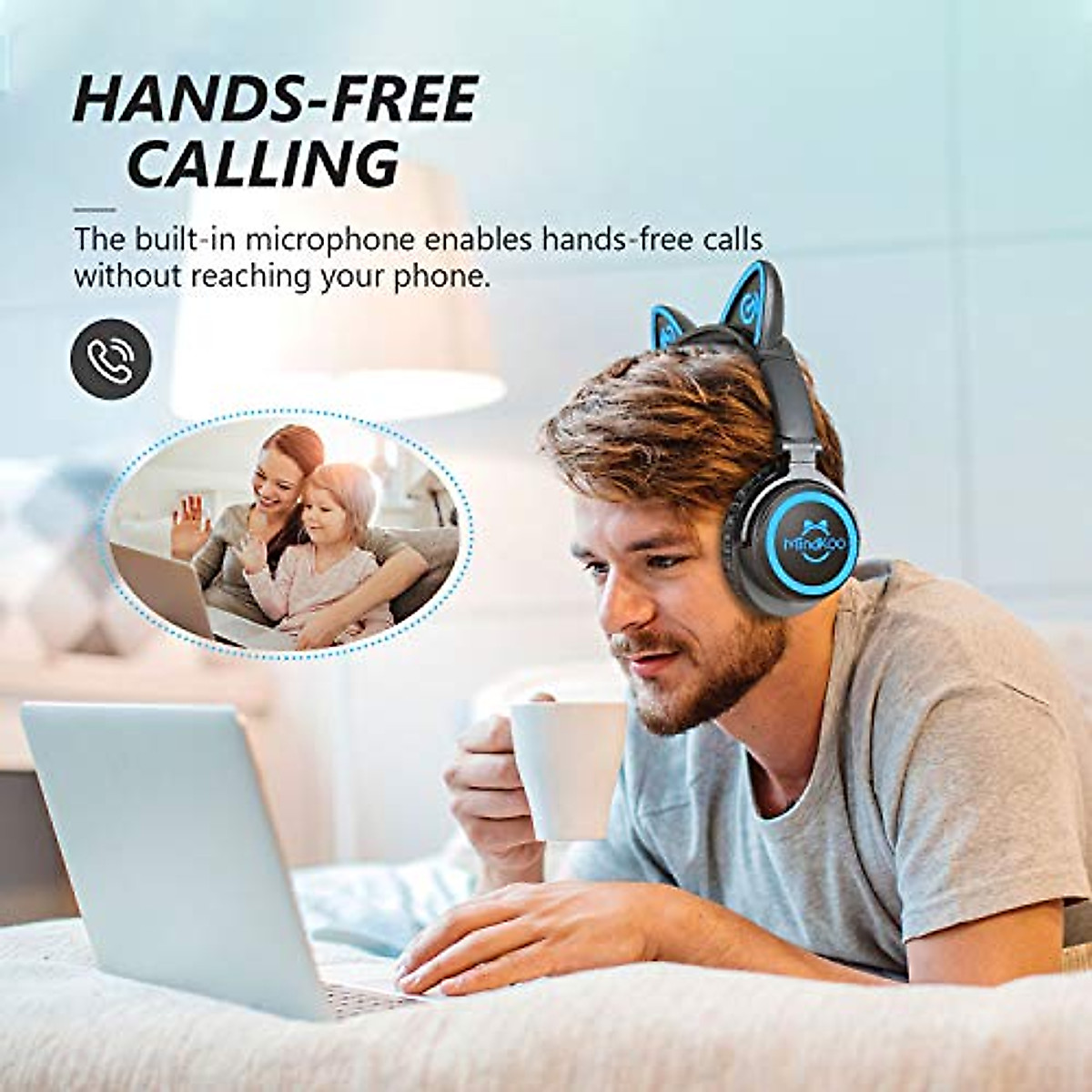 Mindkoo Wireless Headphones Bluetooth, Cat Ear Over Ear Headphones, LED Light Up 7 Color Blinking, Safe Foldable Headset Stero, with Microphone, for Kids Adults