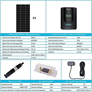 Renogy 400 Watt 12 Volt Premium 4 Pcs 100W Panel+40A MPPT Charge Controller+ Bluetooth Module Fuse+ Mounting Z Brackets+Adaptor Kit +Tray Cables Set, 400W, Grid 12V Solar Power System