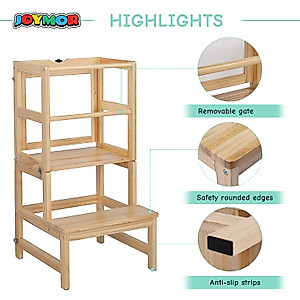 JOYMOR Kids Kitchen Standing Tower with Safety Rail, Chalkboard, Children Learning Step Tower for Kitchen Counter, Mothers' Helper (Natural)