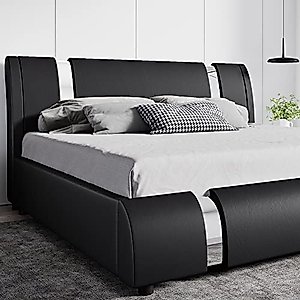 SHA CERLIN Bed Frame Queen Size with Iron Pieces Decor and Adjustable Headboard/Modern Faux Leather Deluxe Upholstered Platform Bed with Solid Wooden Slats Support/No Box Spring Needed, Black