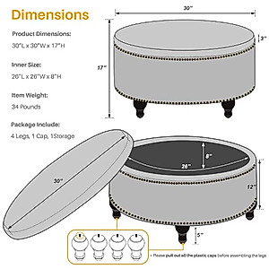 Nathaniel Home Upholstered 30" Round Storage Vegan Leather Ottoman, Leather Button Tufted Ottoman with Fabric Removable Lid, Bench with Wood Legs, Light Brown/Dark Brown