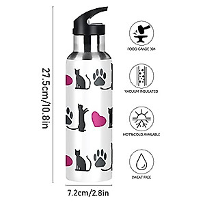 Yasala Water Bottle Black Cat Pink Heart Cute Coffee Thermos Stainless Steel Insulated Beverage Container 20 oz with Straw Lid BPA-Free for Sport, Travel, Camping, Back to School