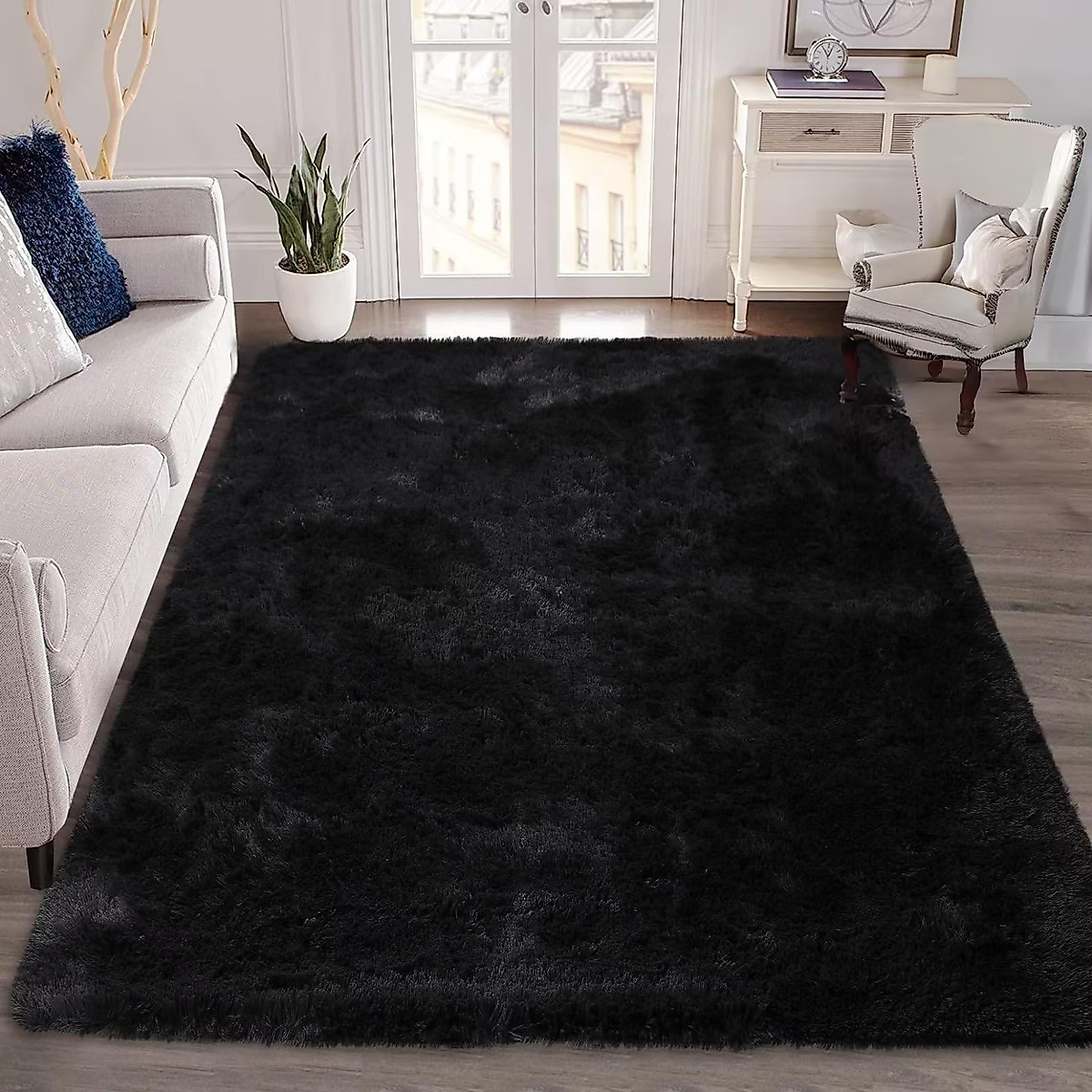 Zacoo 9x12 Extra Large Area Rugs for Living Room,Super Soft Fluffy Modern Bedroom Carpet Rug Indoor Modern Plush Shaggy Floorcover Fuzzy Solid Home Decor Rug Non Slip Throw Rug Kids Room Nursery,Black