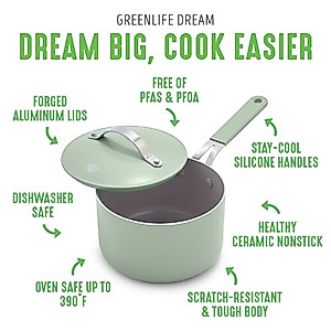 GreenLife Dream 2-Quart Ceramic Nonstick Saucepan with Lid, PFAS-Free & PFOA-Free, Dishwasher & Oven Safe, Stay-Cool Handle, Durable Aluminum Body, Easy Clean, Versatile Cooking, Sage Green