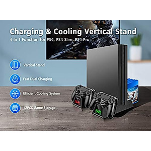 OIVO PS4 Stand Cooling Fan Station for Playstation 4/PS4 Slim/PS4 Pro, PS4 Pro Vertical Stand with Dual Controller EXT Port Charger Dock Station and 12 Game Slots