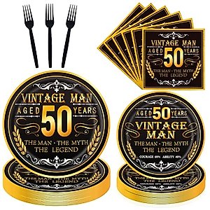 Elomy 50th Birthday Party Supplies Men - 96PCS Black Gold 50th Birthday Decorations Birthday Party Tableware Set Women 50th Birthday Party Decor Plates Cheers to 50 Years Dinnerware Set(24 Guests)