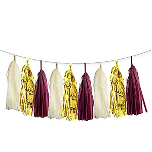 15PCS Burgundy Maroon Gold Beige Party Tissue Tassel Garland Hanging Banner Streamers Graduation Fall Bridal Baby Shower Wedding Birthday Nursery Classroom Décor
