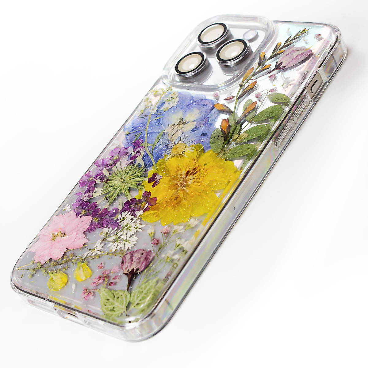 Dried Pressed flower real cute foral phone cover for Apple Iphone 15 Pro case, Clear bumper skin Soft silicone rigid back hybrid (For IPhone 15 Pro)