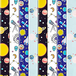 Konsait Space Wrapping Paper, Blue White Navy Bulk Packaging Paper Assortment for Birthday Party Favors Holiday Decoration DIY Crafts Supplies, 8 Sheet 27.6" x 20" Outer Rocket Gift Wrapping Paper