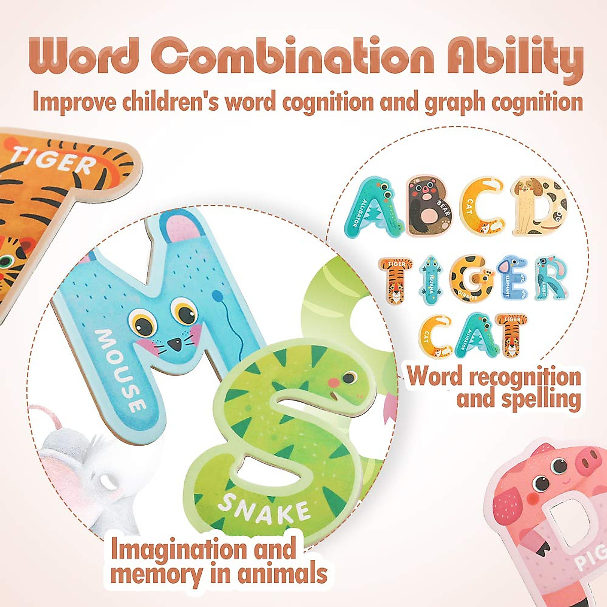 USATDD Jumbo Magnetic Letters Colorful ABC Alphabet Animal Shape Toys Large Uppercase Refrigerator Fridge Magnets Preschool Educational Toy Set Learning Spelling Game for 3 4 5 Year Old Toddler Kids
