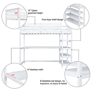 Merax Wood Loft Bed with Desk : Twin Size Loft Bed with 4-Storage Shelves and Under-Bed Desk Solid Wood Bed, White