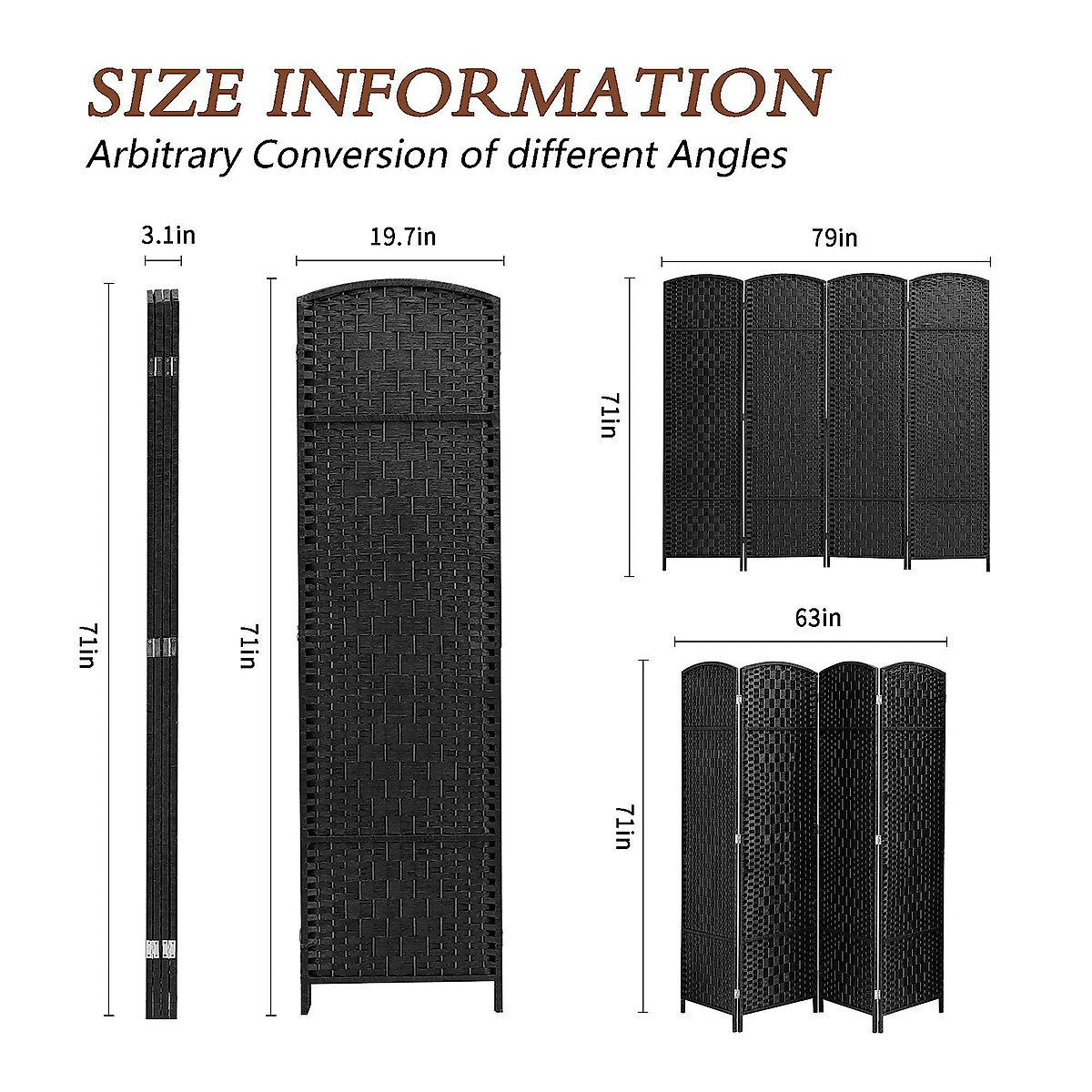SIMFLAG Folding Screen Room Divider 4 Panel, 6Ft 19.7" Wide Partition Room Dividers Freestanding,Indoor Portable Partition Screen, Diamond Double-Weaved,No Installation Required(Black)