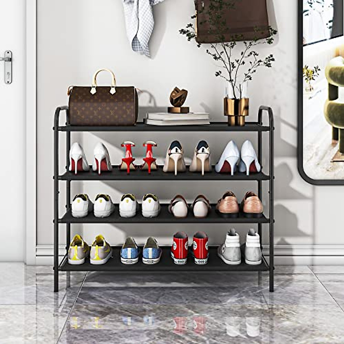 Wisdom Star 4 Tier Stackable Shoe Rack Organizer Storage, Adjustable Fabric Shoe Shelf for Closet Closet Hallway Bedroom Entryway, Black