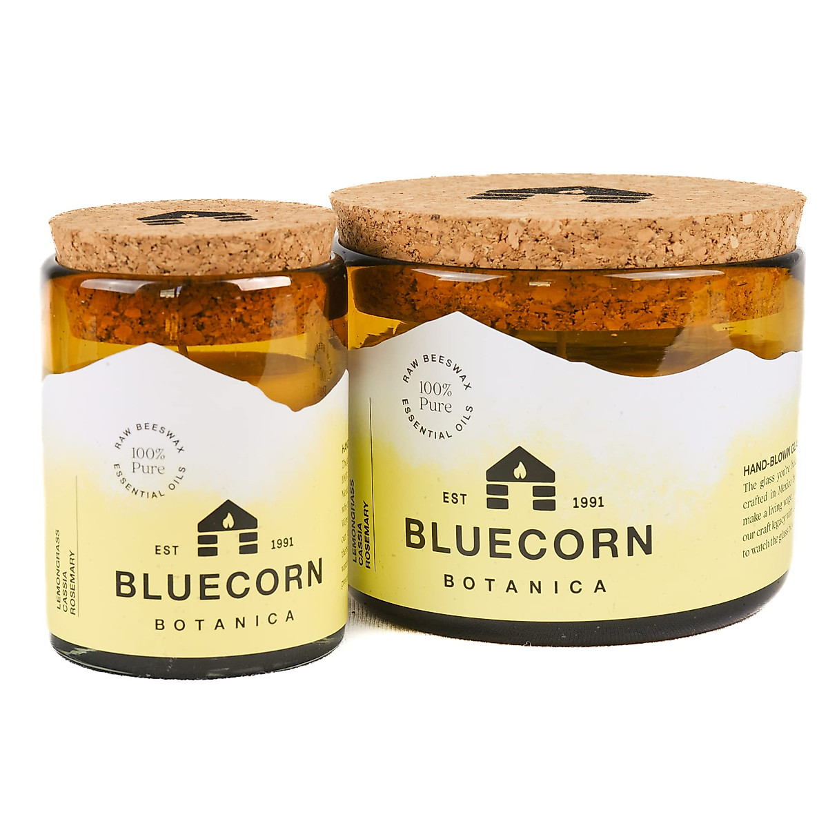 Lemongrass, Cassia & Rosemary Essential Oil & Pure Beeswax Candle in Blown Glass Jar - Bluecorn Beeswax Botanica. 8 oz.
