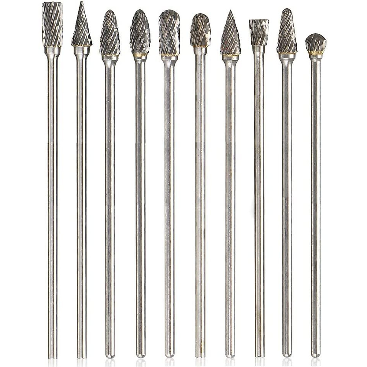 Yakamoz 10Pcs 3mm (1/8") Shank Long Double Cut Tungsten Carbide Burrs Rotary Files Diamond Burs Bit Set for Die Grinder Rotary Tool, 4-Inch Length