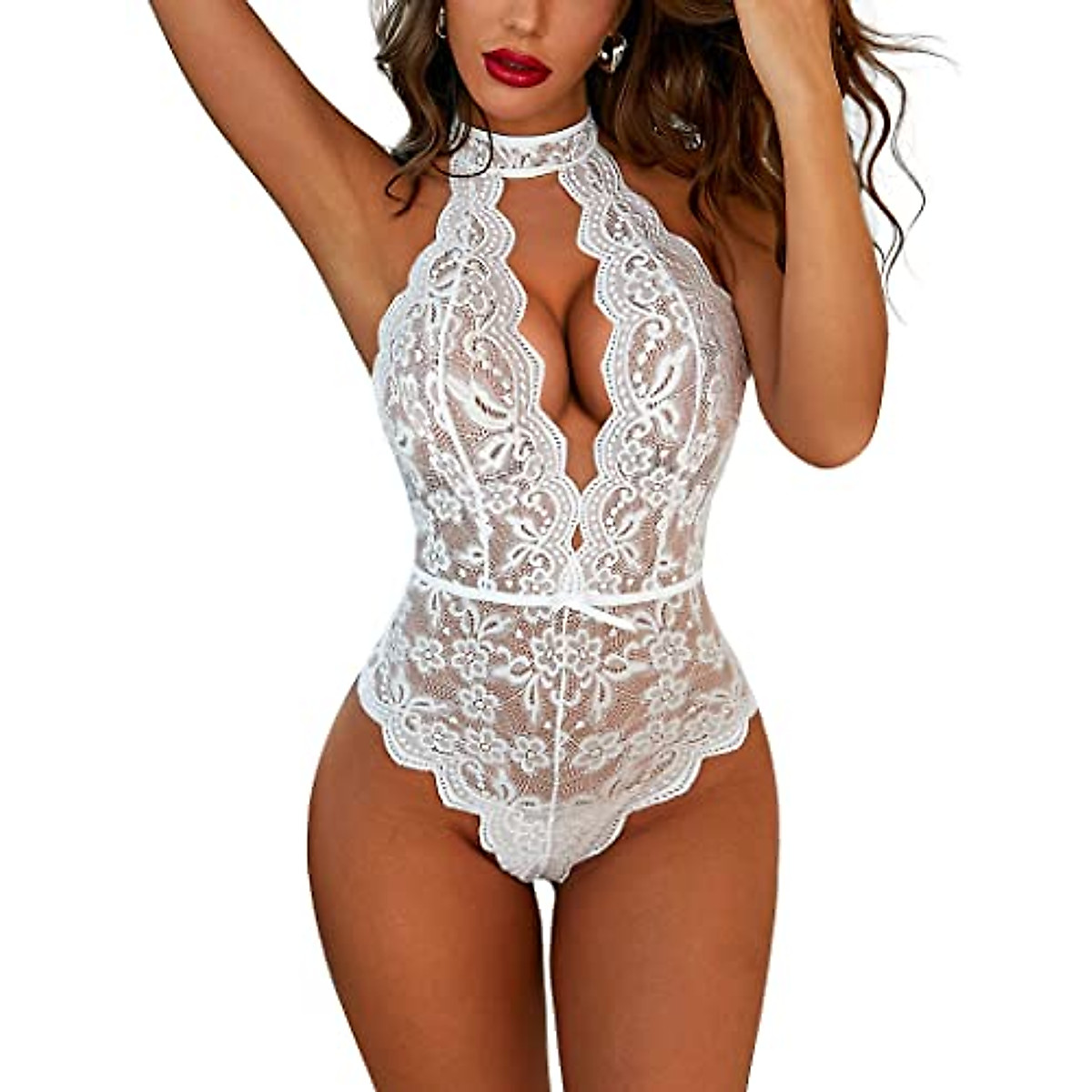 Avidlove Women Snap Crotch Lingerie Lace Bodysuit Sexy Halter Teddy Babydoll White S