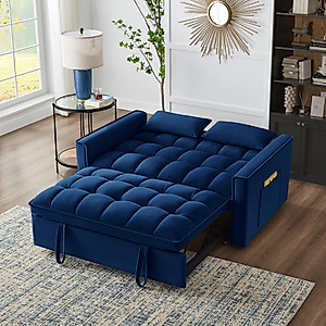 LUMISOL 4 in 1 Loveseat Sofa Bed with Armrests and Storage Pockets, Multifunctional Tufted Pull-Out Sofa Bed with Adjustable Backrest and Pillows, Convertible Loveseat Sofa Couch, 2 Seat, Blue
