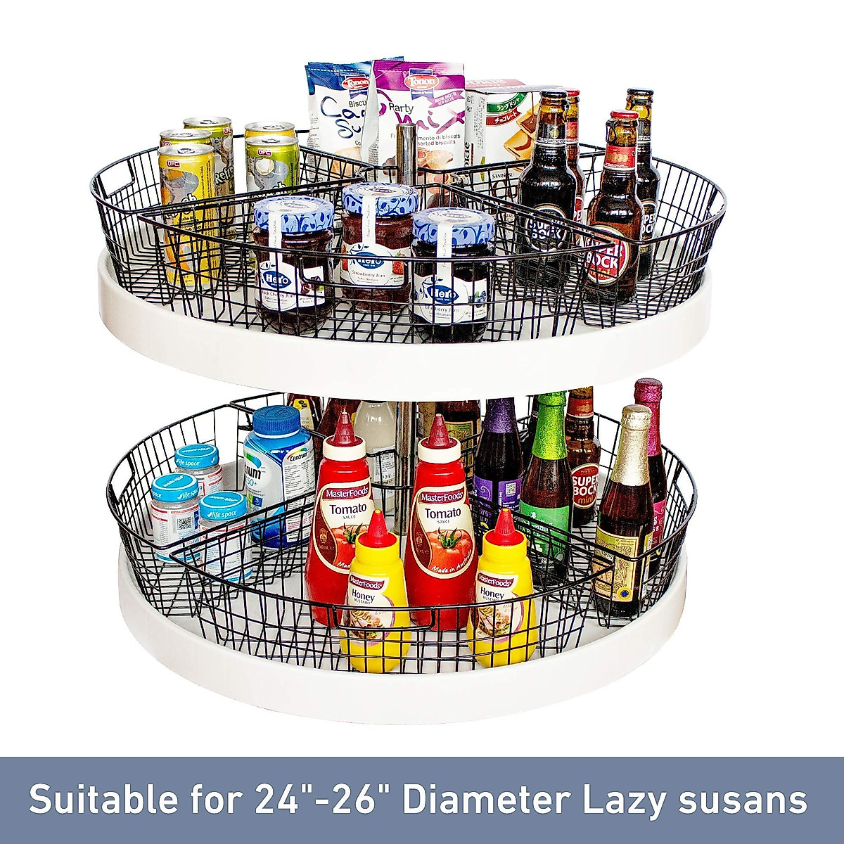 Leeden Lazy Susan Organizer Basket for 24" Diameter Turntable - 16.3" x 10.3" x 4" Metal Organizing Storage Bins (6 Packs) - Black Kitchen Cabinet Storage Organizer - 1/4 Wedge Can Organizer