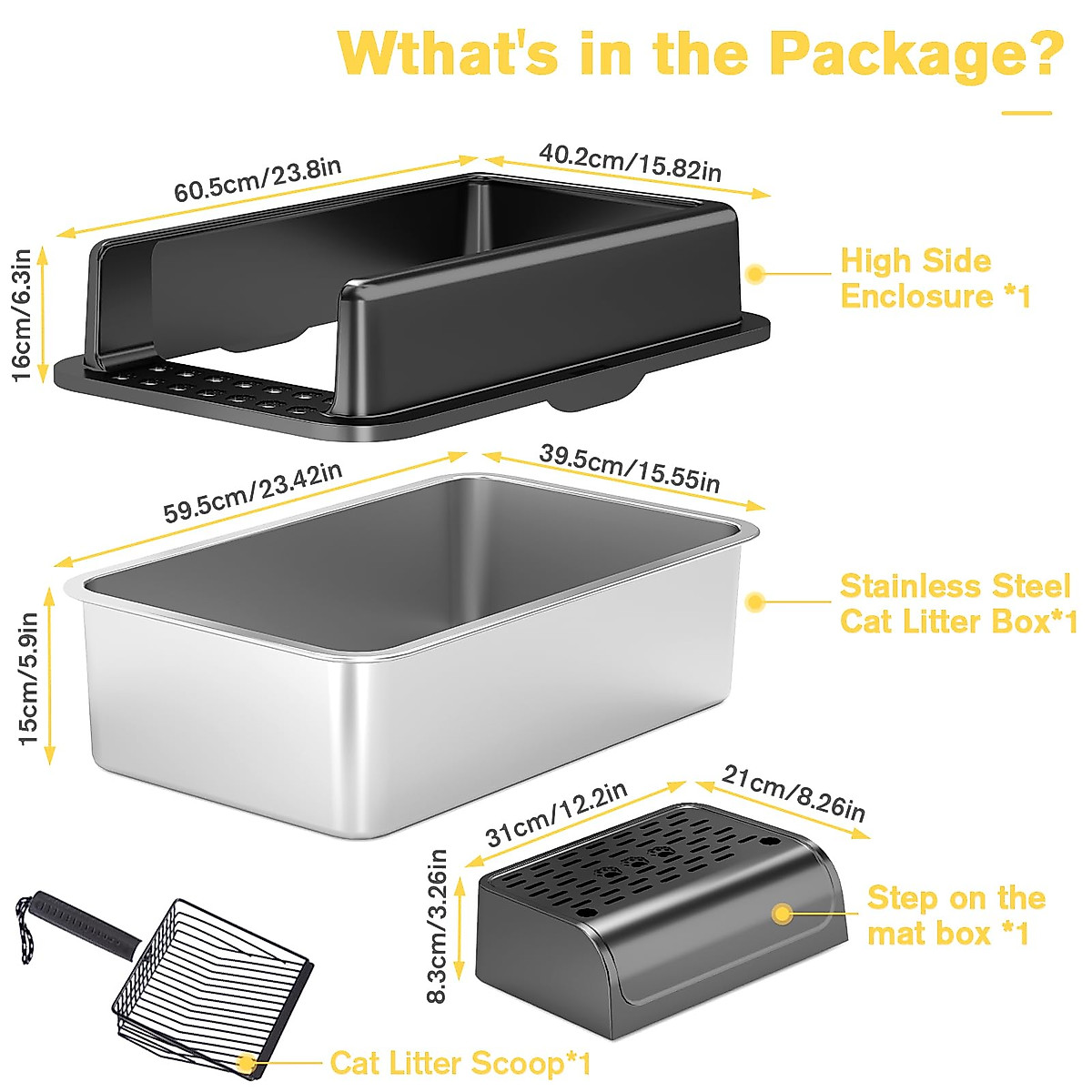 Stainless Steel Cat Litter Box with Lid, Extra Large Enclosure Litter Box for Big Cats, High Sided XL Metal Litter Pan Non-Sticky Anti-Leakage Odor Control Easy Cleaning(Black, 24” x 16” x 12”)