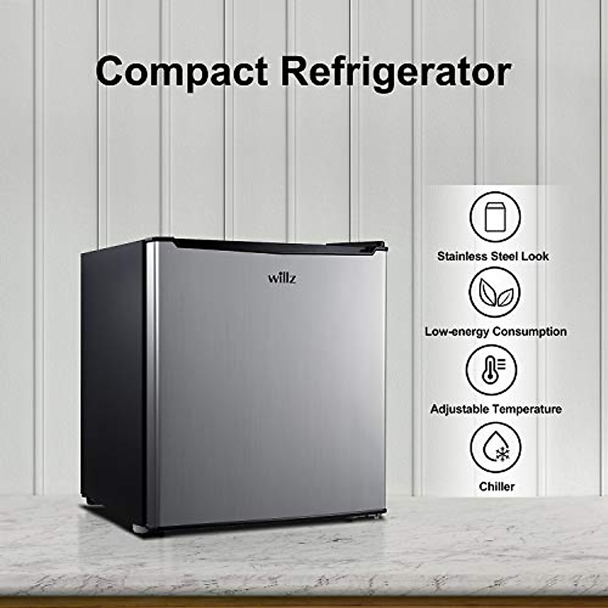 Willz WLR17S5 Compact Refrigerator, 1.7 Cu.Ft Single Door Fridge, Adjustable Mechanical Thermostat with Chiller, 1 Coated Wire Slide-Out Shelf, 1 Power Cord, Stainless Steel Look