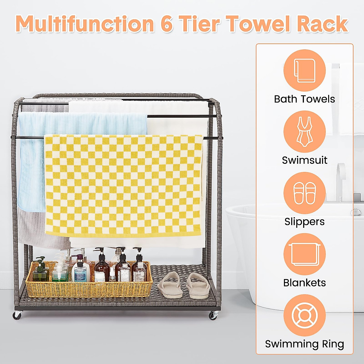 Flarhetoric Pool Towel Rack,Outdoor Pool Storage Rack with Rattan Base and 5 Towel Bars,Pool Float Storage with Compartments, Store Buoys, Pool Floats, Swimming Rings, Suitable for Outdoor/Indoor