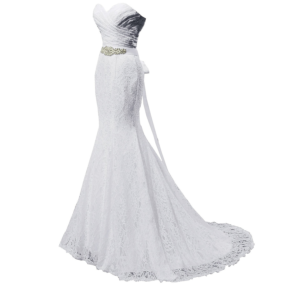 SOLOVEDRESS Women's Lace Wedding Dress Mermaid Evening Dress Bridal Gown with Sash (US 8,White)