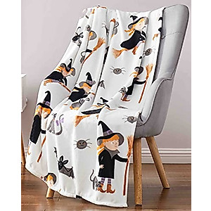 Halloween Throw Blanket: Cute Girl Witch with Faithful Cat Surrounded by Spiders and Bats Print on Fuzzy Soft Velvet Fleece Throw Blanket