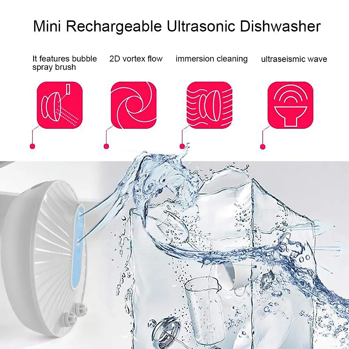 Mini Ultrasonic Dishwasher, Rechargeable Portable Kitchen Cleaner with Bubble Spray Brush and 10 Minutes Timing Function ()