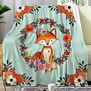 Fox Blanket Flower Fox Print Throw Blanket Super Soft Flannel Blankets Gifts for Kids Adults 60"x50"