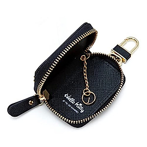 Cute Car Key Case for Girls and Women, Genuine Leather Embroidered Car Smart Key Chain Keychain Holder, Metal Hook and Keyring Zipper Bag for Remote Key Fob - Black