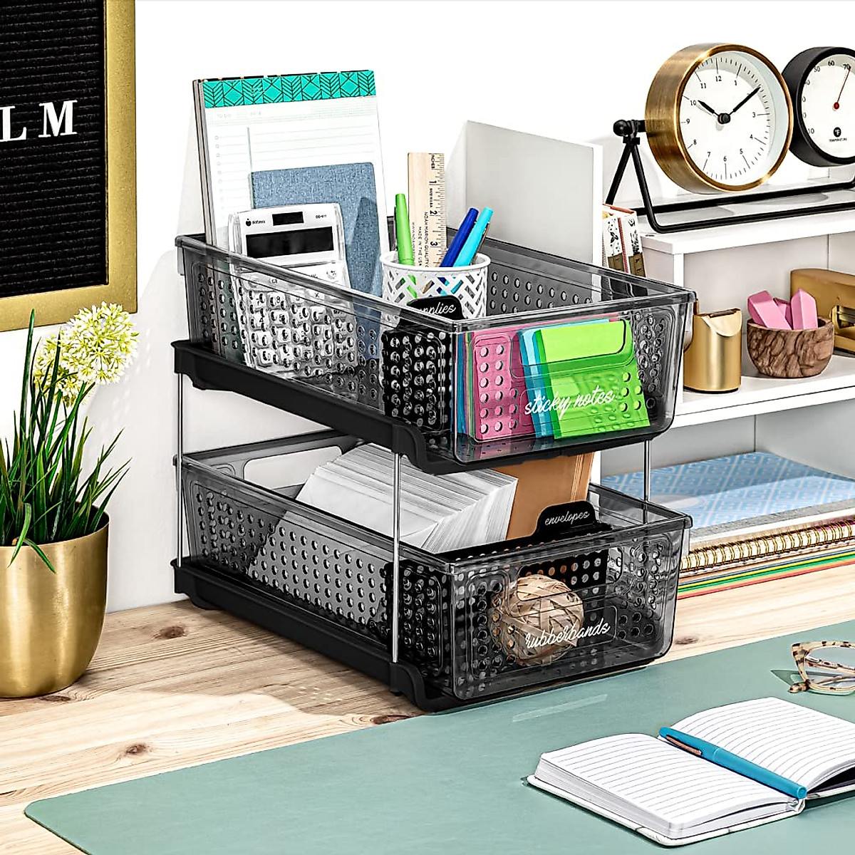 madesmart 2-Tier Plastic Multipurpose Organizer with Divided Slide-Out Storage Bins, Compact Under Sink and Cabinet Organizer Rack, Smoke