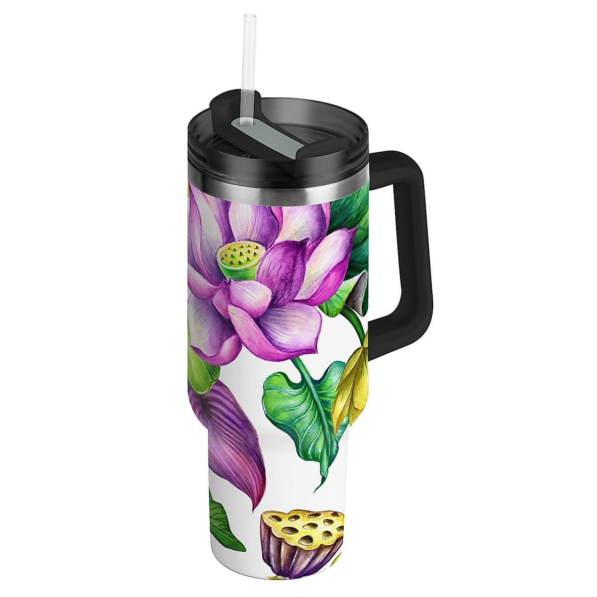 Yasala Car Tumbler with Handle Lotus Dragonfly Spring Travel Mug Coffee Cup Insulated Beverage Container Mega Cup for Hot Cold Drinking Thermos Water Bottle Cupholder Friendly 40 oz