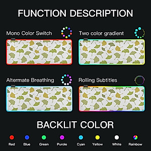 Large RGB Gaming Mouse Pad Ginkgo Biloba Leaf Tablecloth Seamless Pattern Vector Glowing Extended Mousepad 35.4x15.7in, Soft Anti-Slip Rubber Base Luminous Mouse Mat for Pc Laptop, Gaming, Office, Ho