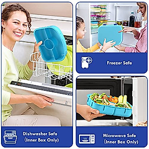 Lehoo Castle Bento Lunch Box for Kids, Large Kids Lunch Box with Cutlery＆4 Compartments＆Silicone Handle, Leak-proof Portable 1.3L Lunchbox Bento for Kids BPA-free Easy Opened (Blue)