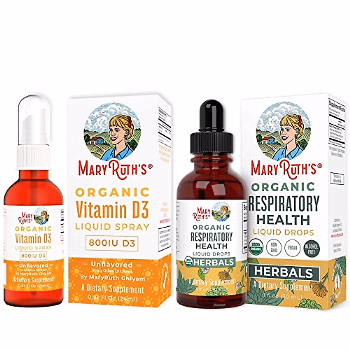 Vitamin D3 Liquid Spray & Respiratory Health Liquid Drops Bundle by MaryRuth's | Plant-Based from Lichen Organic Non-GMO | Tonic Herbal Blend for Respiratory Health & Immune Support