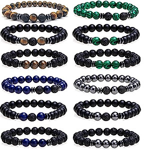 WAINIS 12 PCS Gemstone Beads Stretch Bracelets for Men Women Energy Yoga Healing Matte Lava Rock Volcanic Stone Essential Diffuser Oil Bracelet