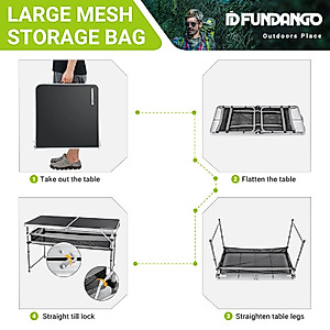 FUNDANGO Height Adjustable Portable Lightweight Folding Camping Table with Layer Mesh Storage Fold Up Foldable Collasible with Handle for Outdoor, Indoor, Beach, BBQ, Picnic,Travel