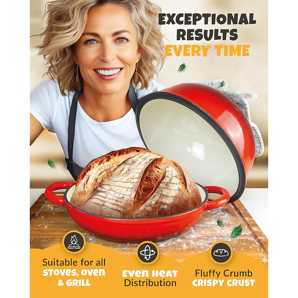 CRUSTLOVE Dutch Oven Bread Baking - 5QT Enamel Bread Dome - incl Sourdough Bread Baking Suppliers like Dough Whisk Scoring Lame etc. Dutch Oven for Sourdough Bread Baking Cast Iron Bread Pan with Lid