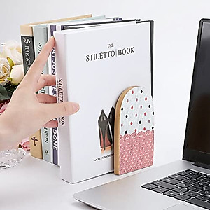 2 Pack Wood Bookends,Polka Dots On Pink and Gray Decorative Book Ends Support for Shelves Desktop Organizer Wooden Bookshelf for Home School Office