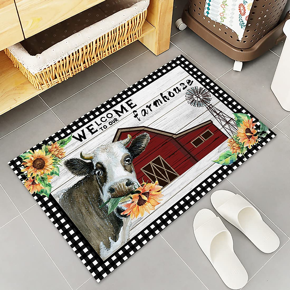 Queener Home Farmhouse Cow and Old Red Wooden Barn Kitchen Rugs and Mats Set of 2, Washable Floor Doormat Comfort Area Runner Rug Non-Slip Rubber Backing for Indoor Sunflowers