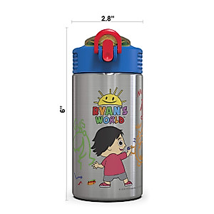 Zak Designs Ryan's World Ryan and friends 15.5 ounce Water Bottle BPA Free with One Hand Operation Action Lid and Built-in Carrying Loop, with Straw is Perfect for Kids