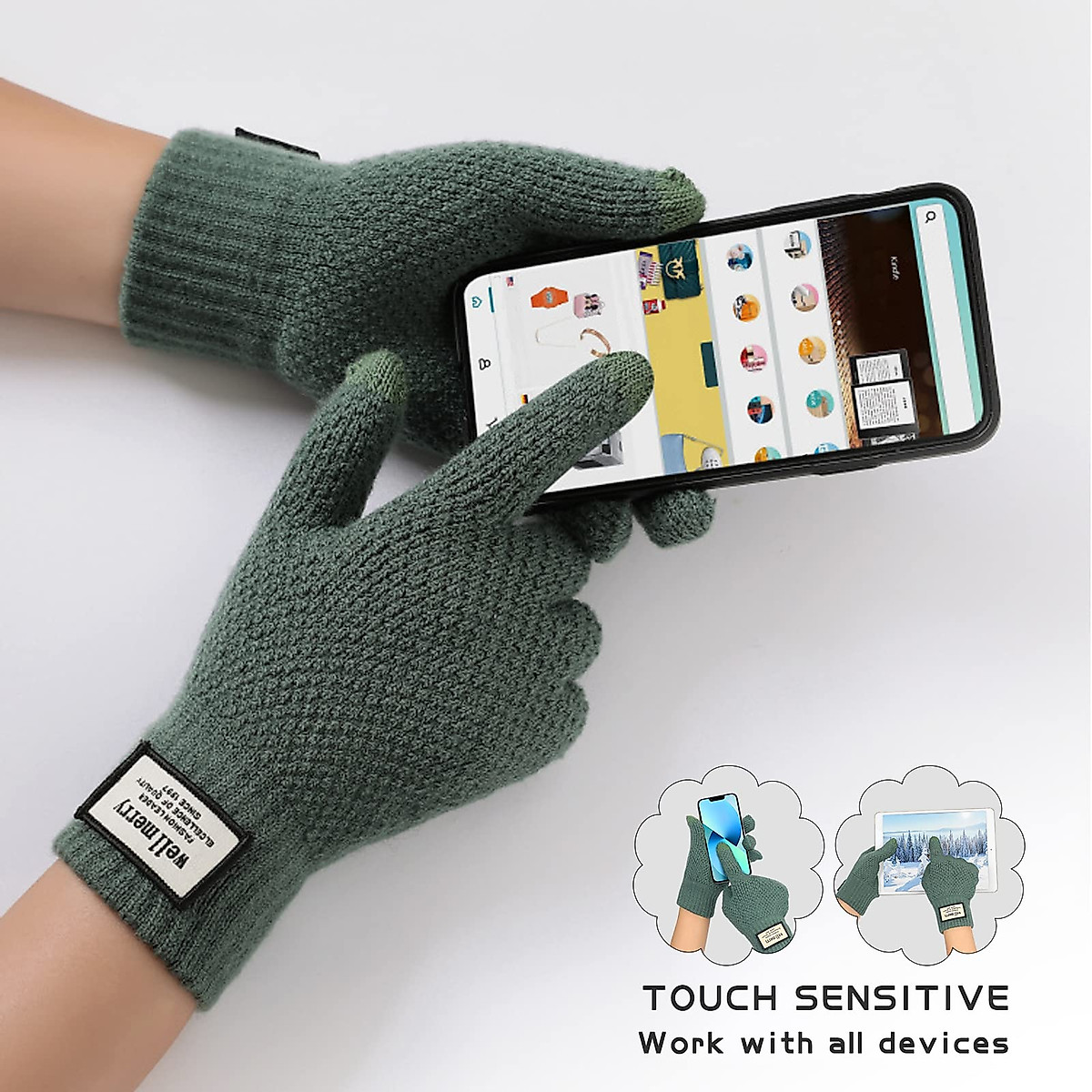 Unaone Winter Gloves for Men, Touch Screen Texting Warm Gloves Cold Weather Gloves with Soft Knit Lining and Elastic Cuff, Green