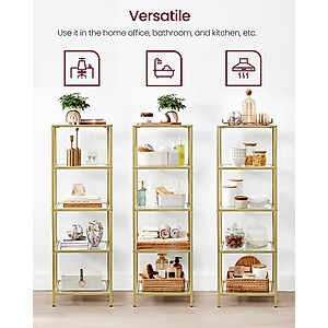 VASAGLE Bookcase, 5-Tier Bookshelf, Slim Shelving Unit for Bedroom, Bathroom, Home Office, Tempered Glass, Steel Frame, Gold Color ULGT029A01