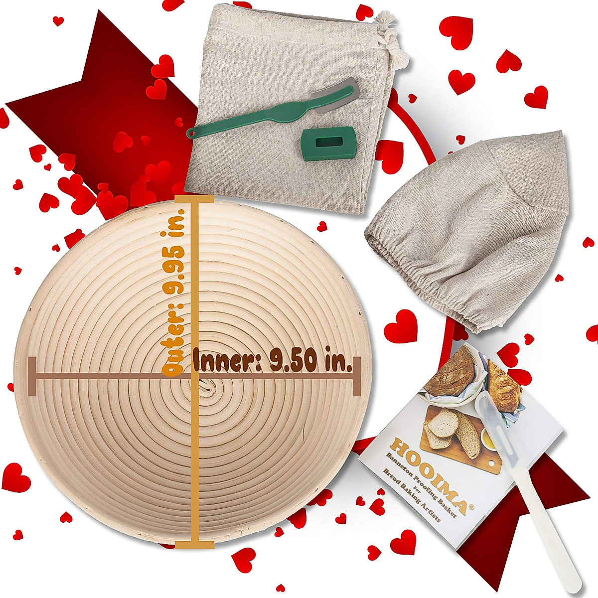 Banneton Bread Basket – Sourdough Proofing Set – Bread Bowl & Linen Liner Cloth + Lames – Rattan Basket No Smell – Bread Bag Included – 10” Brotform – for Homemade Bread